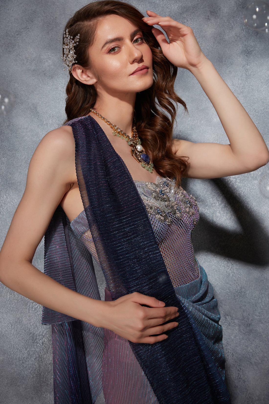 Sheer Corset with Drape Saree – Saaj By Ankita