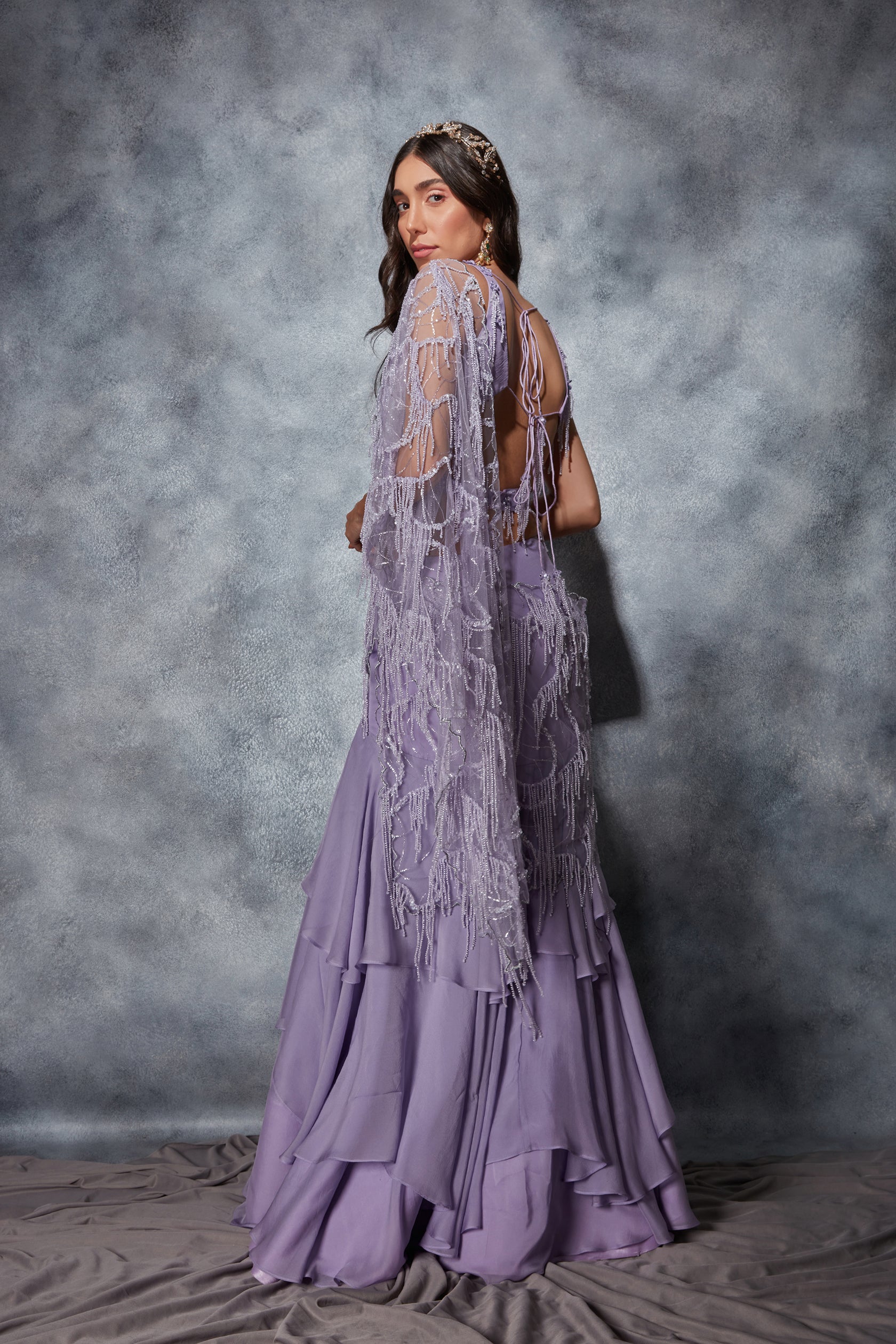 Layered Ruffle Saree with Fringe Palla – Saaj By Ankita