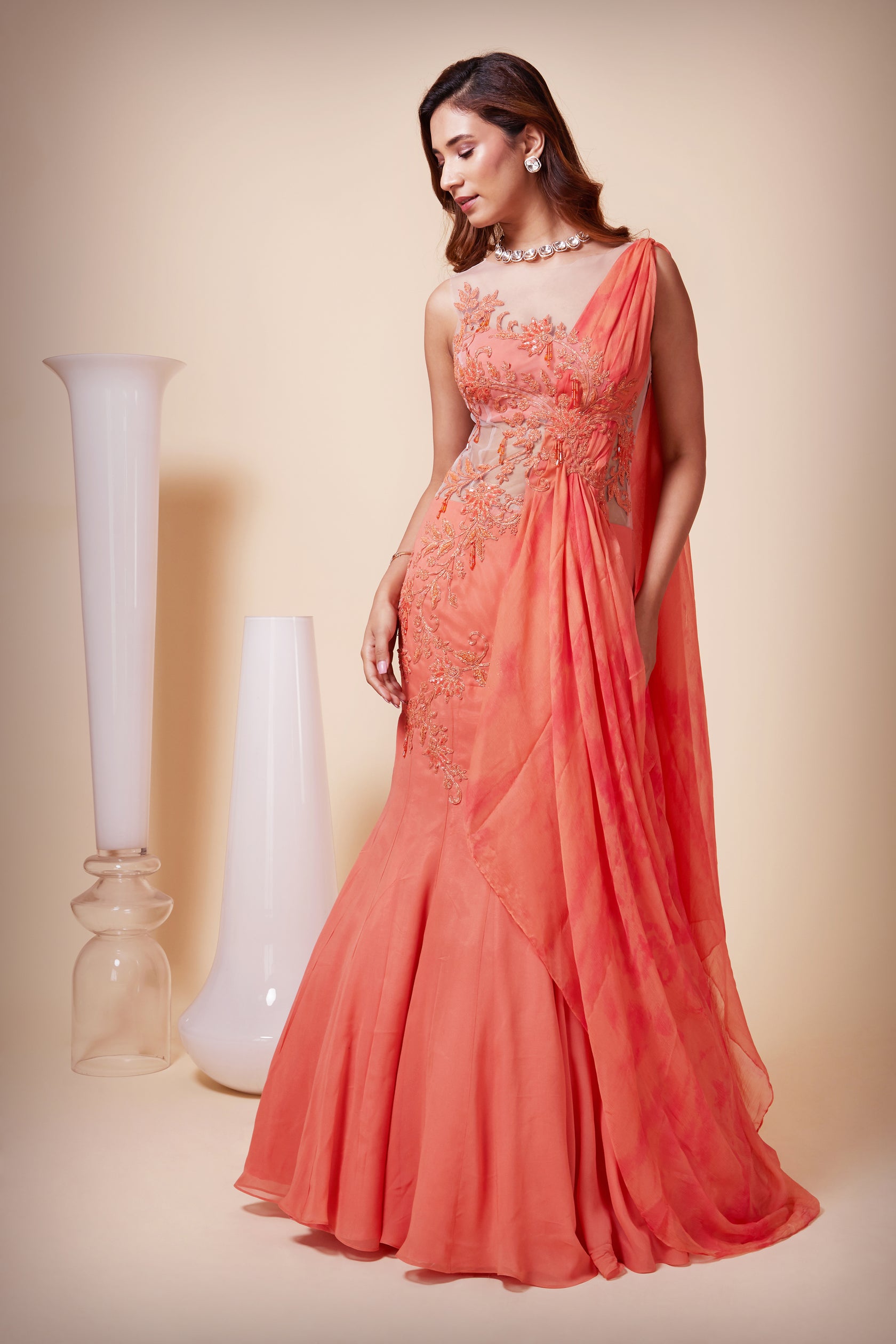 Mermaid Style Saree Gown with Tie-Dye Chiffon Drape – Saaj By Ankita